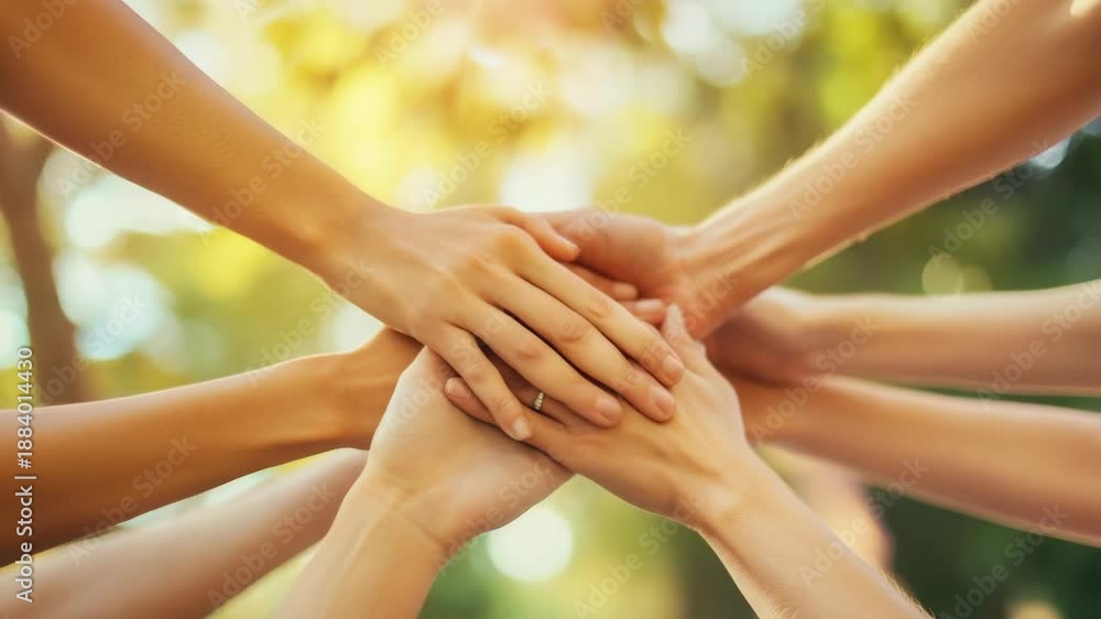 Hands joined together in a sign of unity, teamwork, and support. This ...