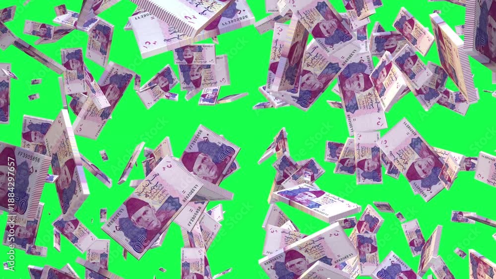 Pakistani 50 Rupee banknotes Animation. Money falling down animation on ...
