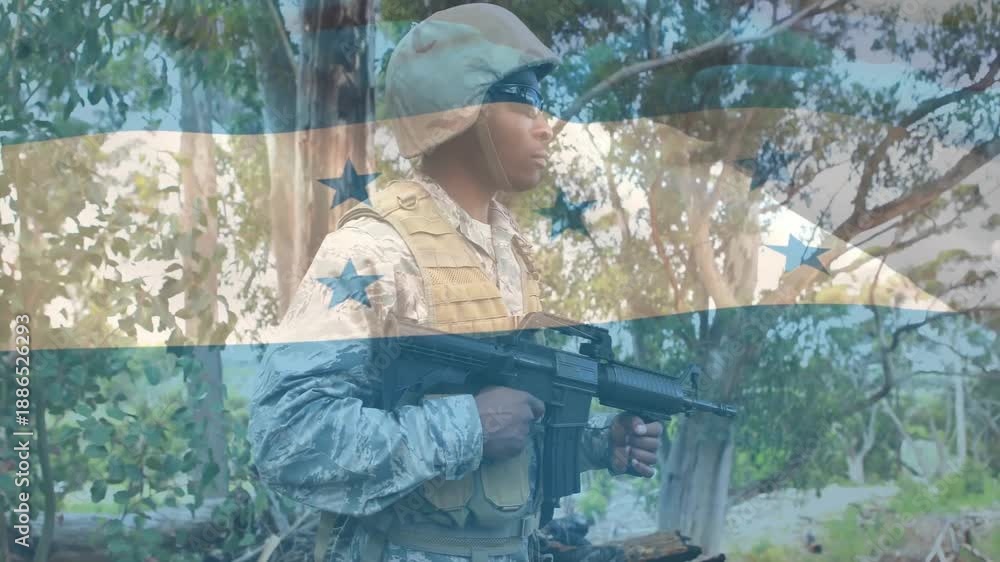 Start military soldier gripping rifle scanning treeline adjusting ...