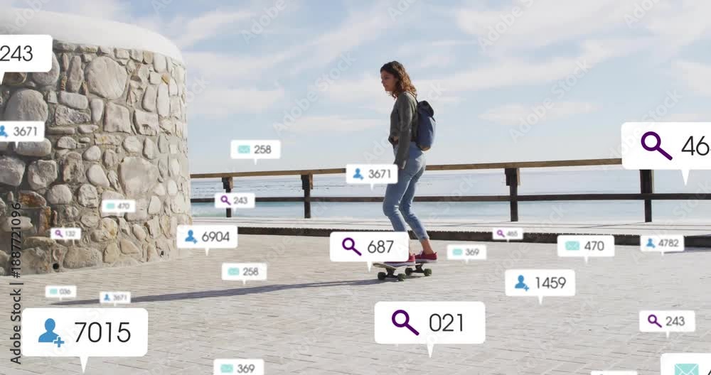 Female skateboarder pushing off ground, gliding promenade with animated ...