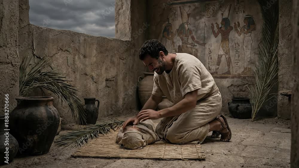 Biblical Scene of Sad Egyptian Father Crying over Dead Body of ...