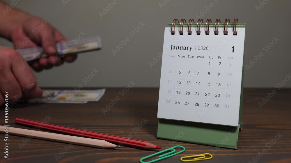 Vidéo Stock Hand Handling Cash Beside January 2026 Desk Calendar ...