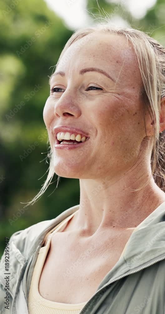 Breathing, fitness and woman with smile, outdoor and relax for wellness ...