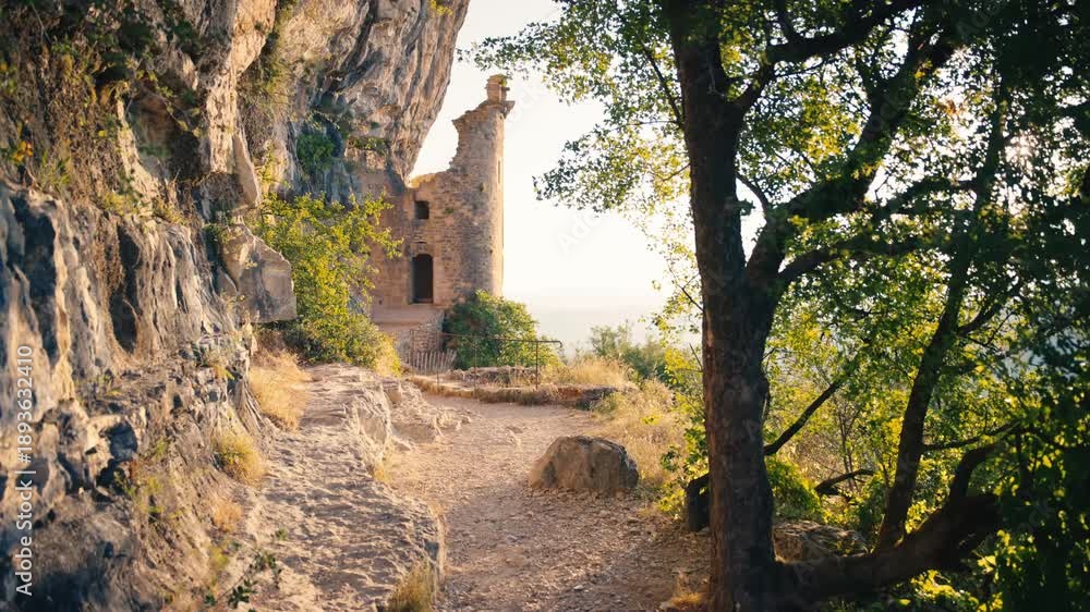 Sunlit cliffside path in Autoir, France, leading to medieval Chateau ...