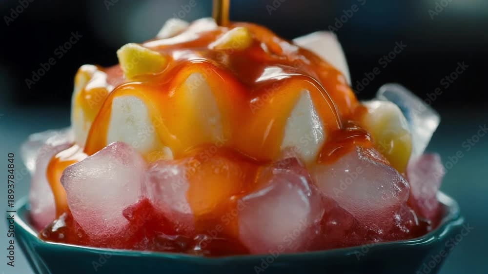 Bingsu ice melting slowly with fruit syrup pour, ultra-sharp macro ice ...