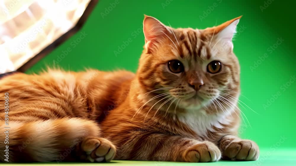 Green Screen ginger cat lying and looked around on a scene 2 with ...