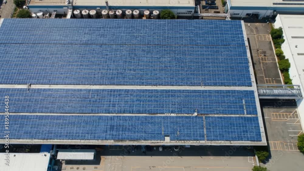 Rooftop solar panels powering industrial facility, background shows ...