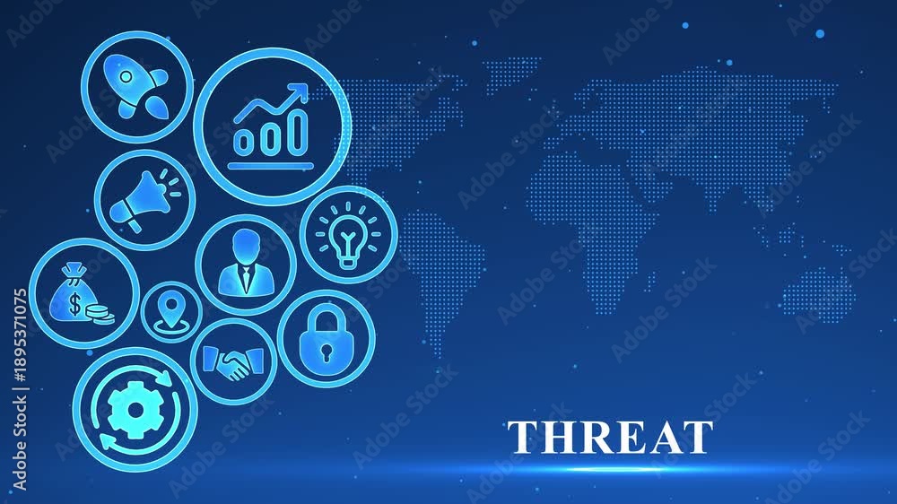 Global Threat Concepts Illustrated with Neon Blue Icons on a Dotted ...