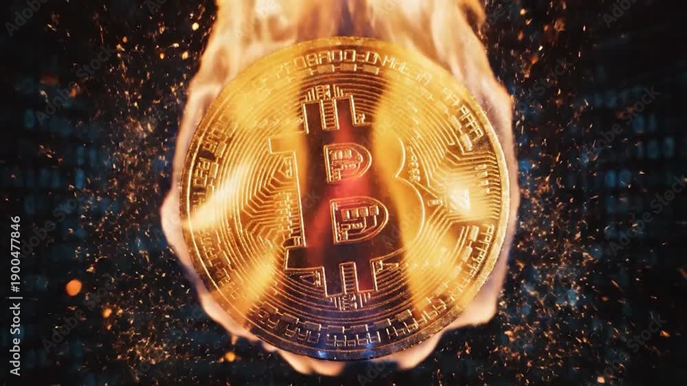 Golden coin engulfed in flames and smoke against a dark, digital ...