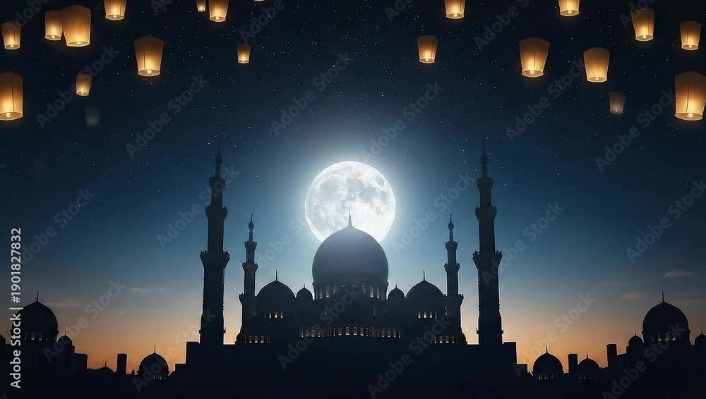 Serene night view of mosque with floating lanterns and full moon for ...