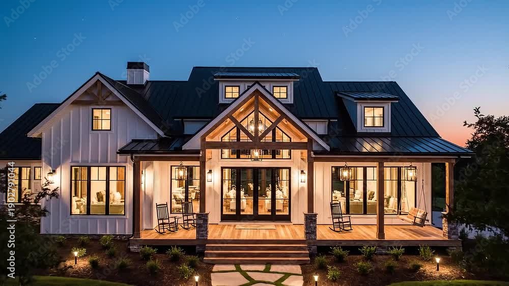 Luxury modern house exterior with warm lights at dusk hd 4k, HD 4K,High ...