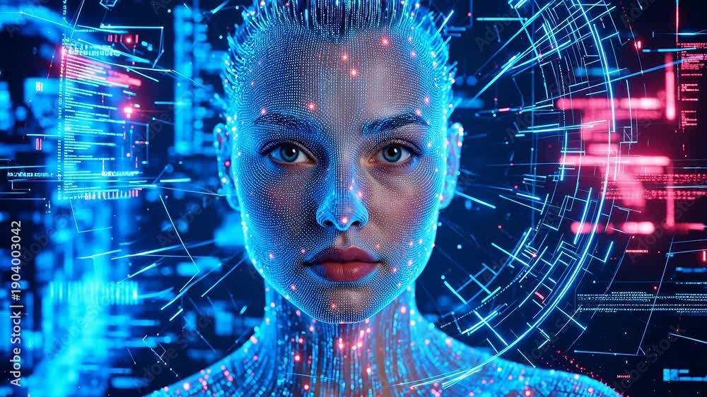 Digital human face with glowing data lines Stock ビデオ | Adobe Stock