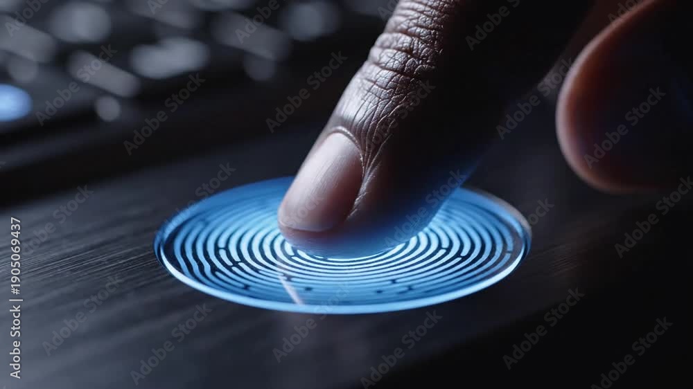 Finger about to press a glowing blue fingerprint scanner on a dark ...