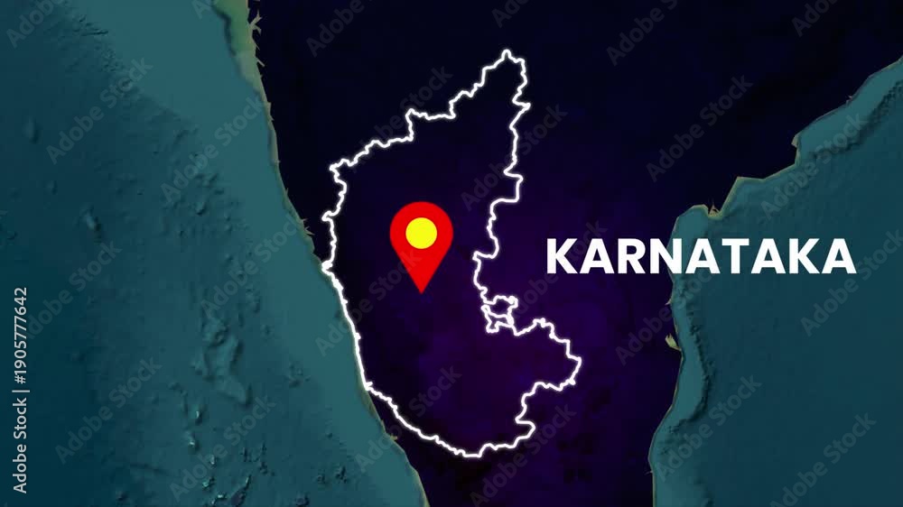 Karnataka map highlighted on India map. State location marker and ...