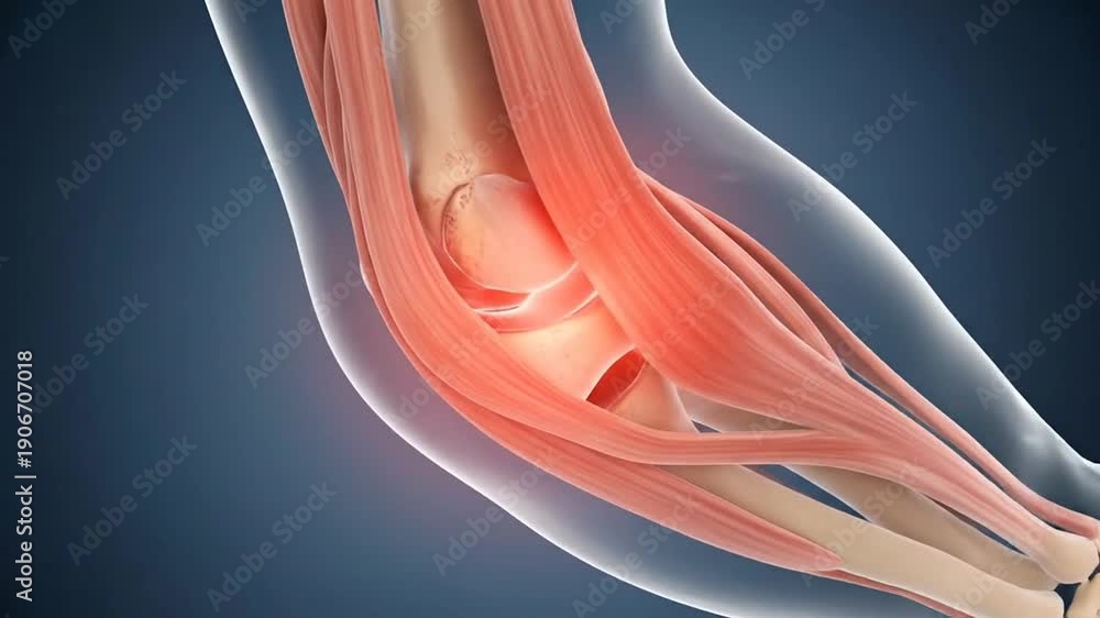 Detailed animation of human elbow joint highlighting muscles tendons ...