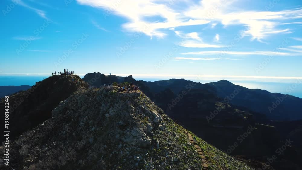 4K Drone Offset Orbit of Pico Ruivo Summit, Madeira: People at ...
