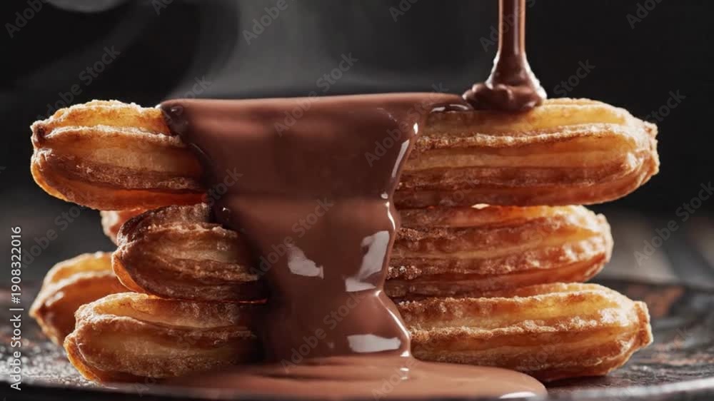 Spanish Churros with Hot Chocolate Drip in Dark Stock ビデオ | Adobe Stock