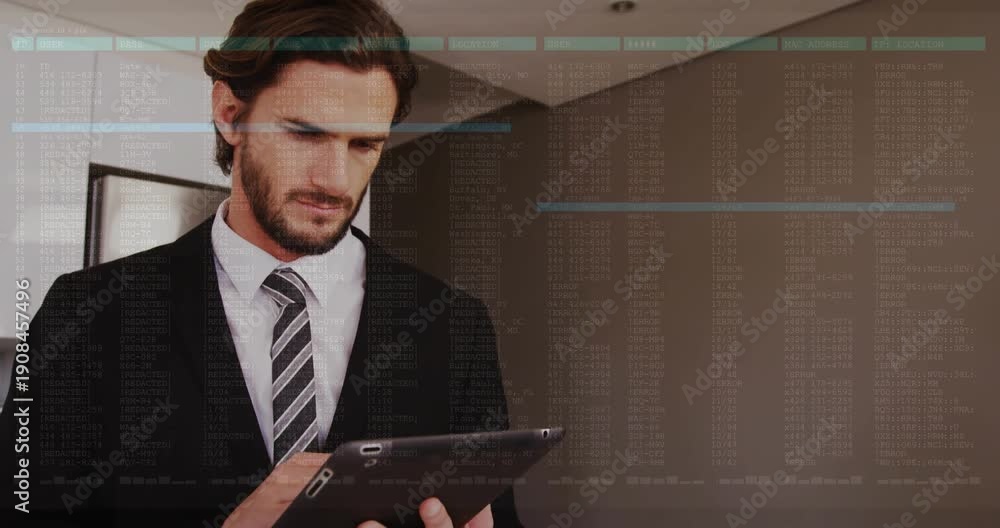 Businessman tapping tablet, activating data overlay with progress bars ...