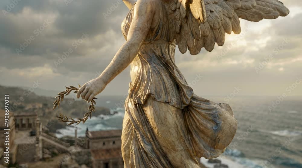 Cinematic recreation of the Nike of Samothrace, winged Greek goddess ...
