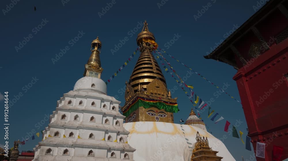 Monkey Temple, Kathmandu, Nepal. White stupa, Buddha Eyes and colorful ...
