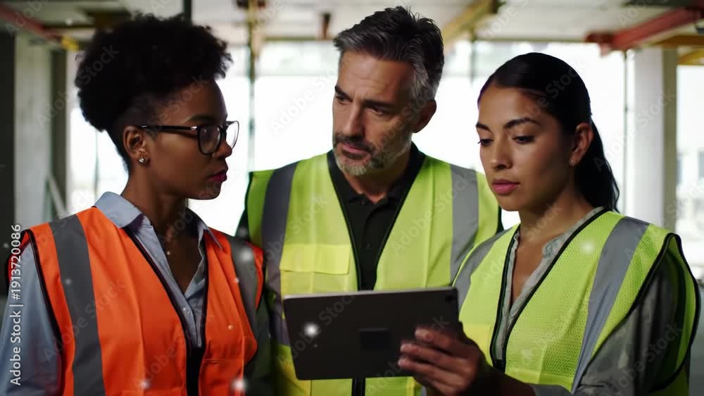 Focused construction workers examining plans on a tablet, highlighting ...