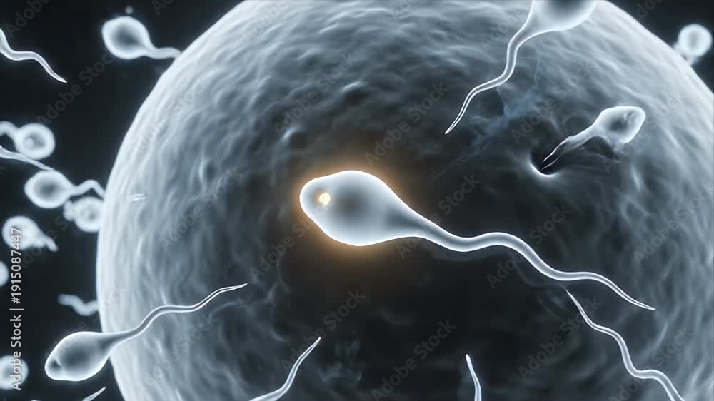 Microscopic view of human fertilization process sperm cells approaching ...