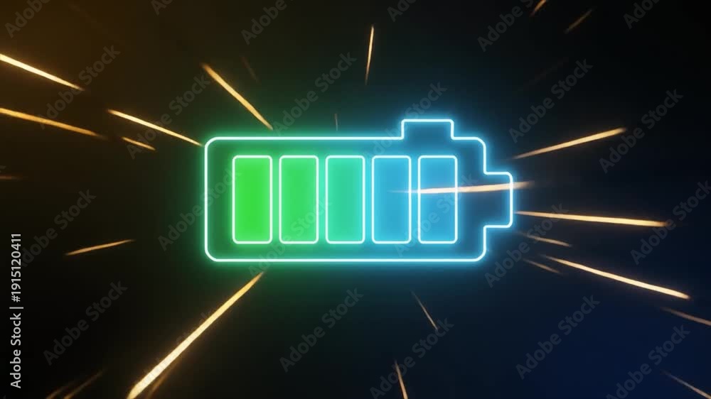 Neon Battery Icon Fully Charged with Green Bars and Streaks of Light on ...