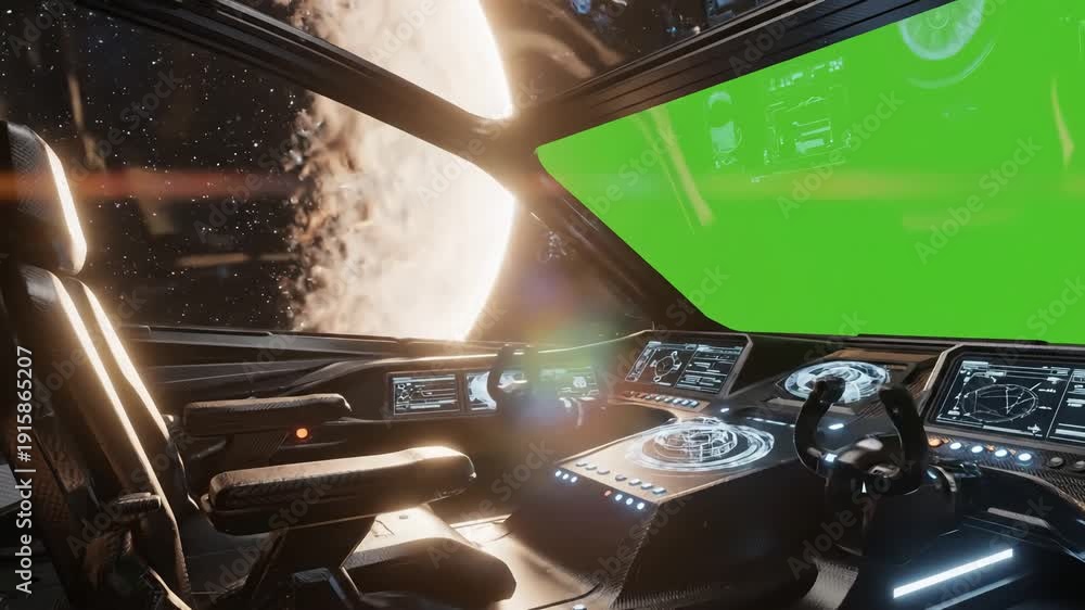 Green Screen inside a spaceship cockpit on render 3d scene 3 with ...