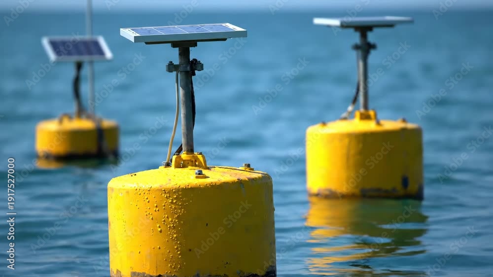 Three bright yellow buoys with solar panels float on calm blue ocean ...