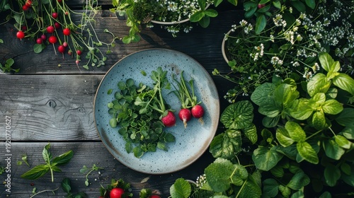 Leinwandbilder - Fresh Red Radishes And Green Herbs On Blue