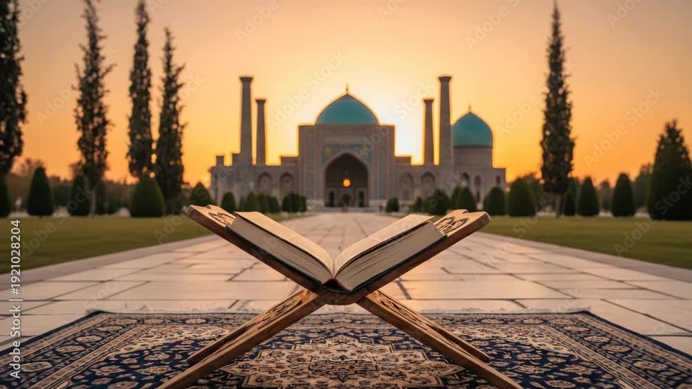 Ancient Islamic Holy Book Open on Stand Before Grand Mosque at Sunset ...