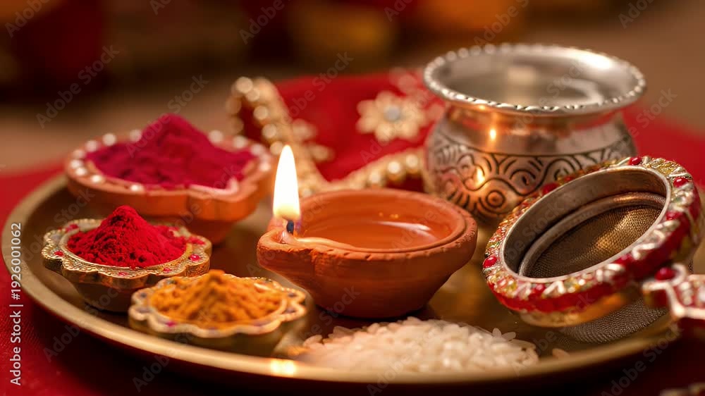Diwali Puja Thali with Red Powdered Color and Lit Diya for Hindu ...
