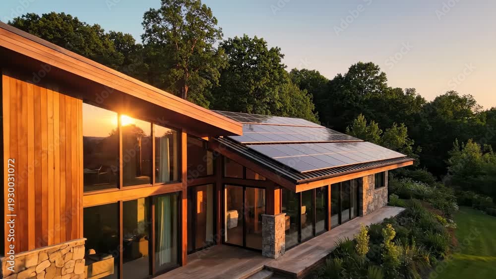 Modern Wood And Stone House With Solar Panels on Roof at Sunset ...