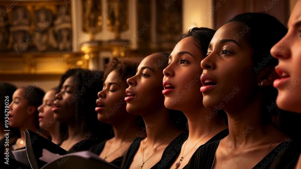 Singing women choir members starting phrase in gilded hall, holding ...