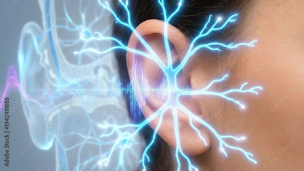 Human ear anatomy and hearing sound wave medical illustration with ...