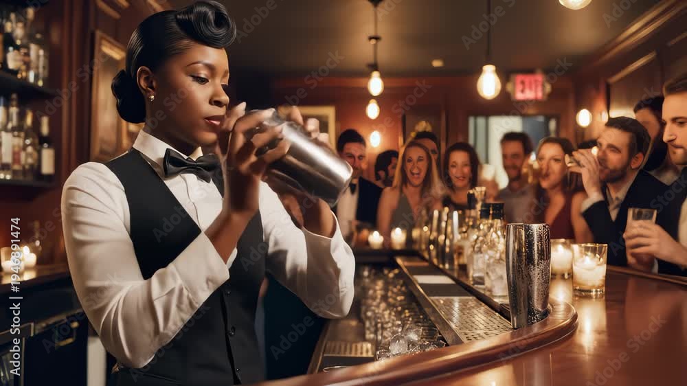 Skilled Bartender Shakes Cocktail With Excited Patrons Watching At Bar ...