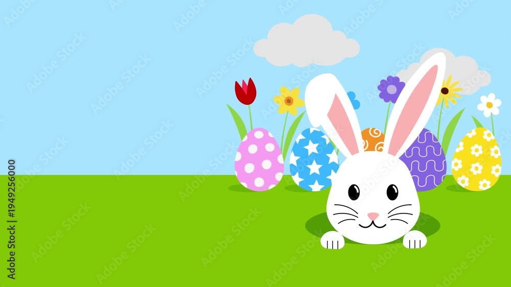 easter animated banner with rabbit, colorful eggs and flowers with ...