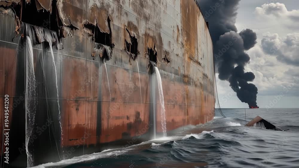 Damaged oil tanker leaking water after explosion at sea. Burning cargo ...