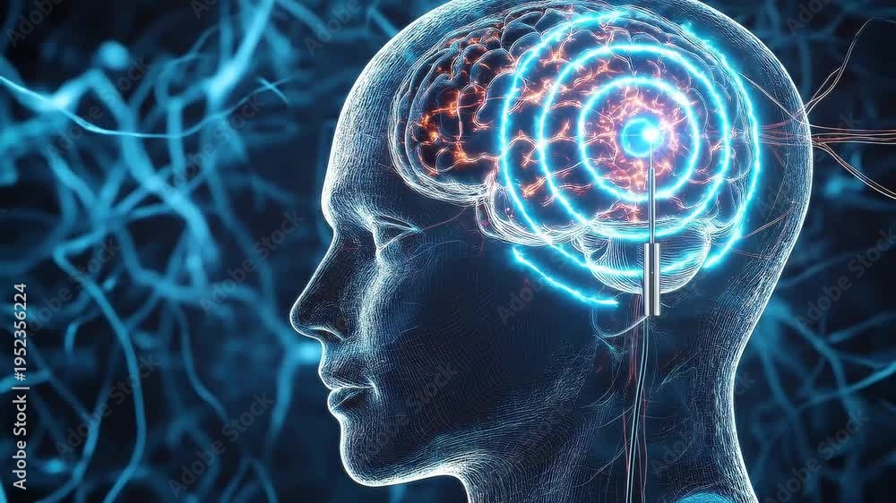 3D anatomical cutaway render of human head and brain showing deep brain ...