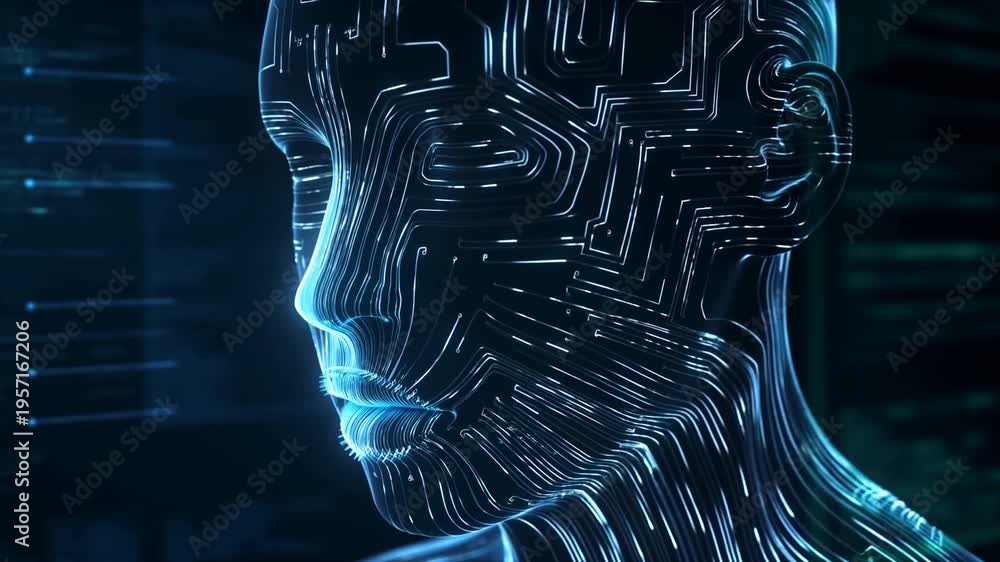 Futuristic digital human face with circuit patterns. Represents the ...