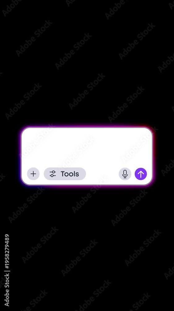 Animated AI chat bot vertical interface. Glowing input LLM text box ...
