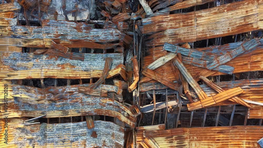 Top-down aerial of fire-damaged industrial warehouse with collapsed ...