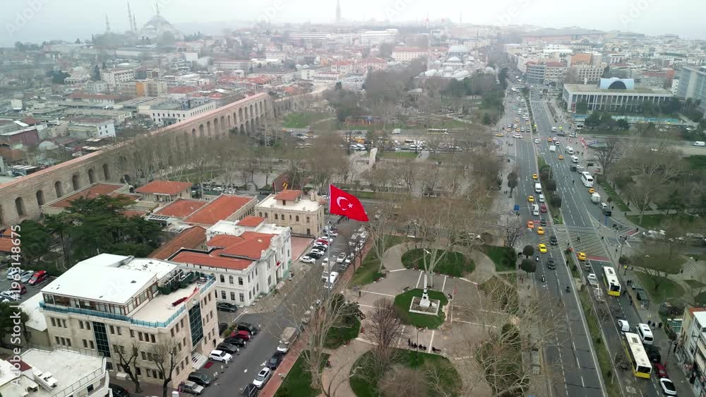 Turkish flag near the Fatih Memorial Park in Istanbul fly backwards ...
