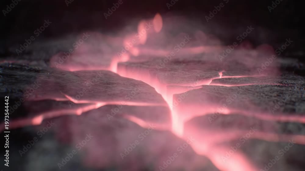 Glowing cracks in dark rocky ground in realistic style on blurry ...