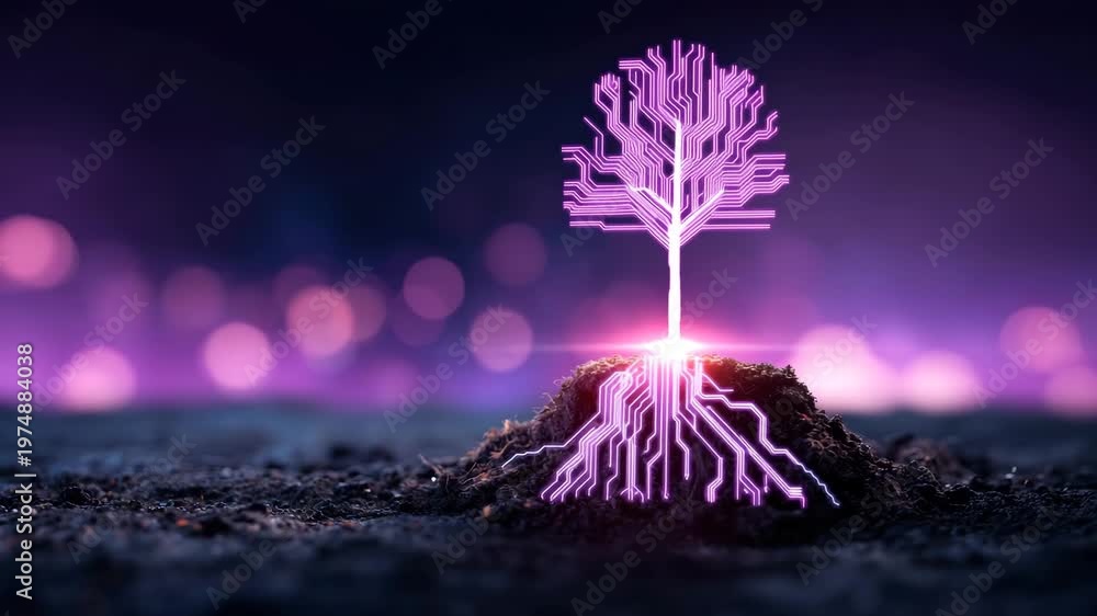 Glowing Digital Tree with Circuit Branches Futuristic Symbol of ...