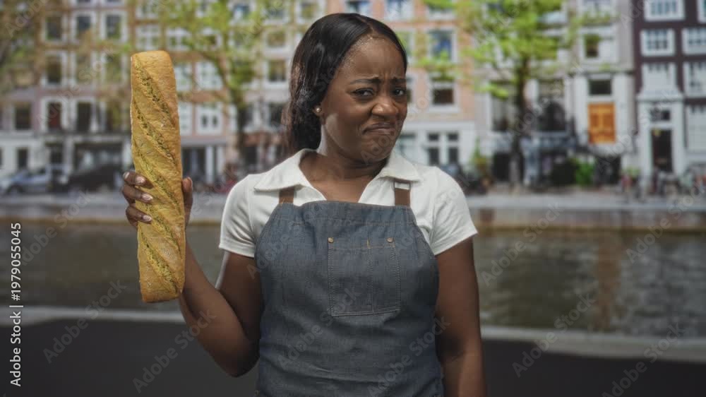 Woman baker wearing denim apron holds long baguette in raised hand and ...