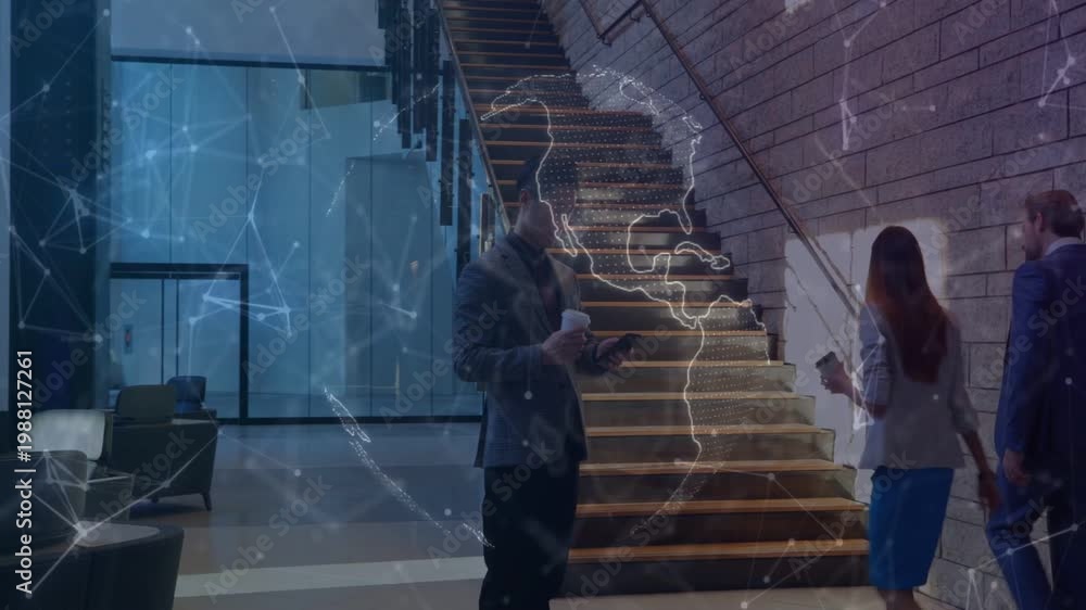 Man tapping phone holding cup, causing network globe overlay over ...