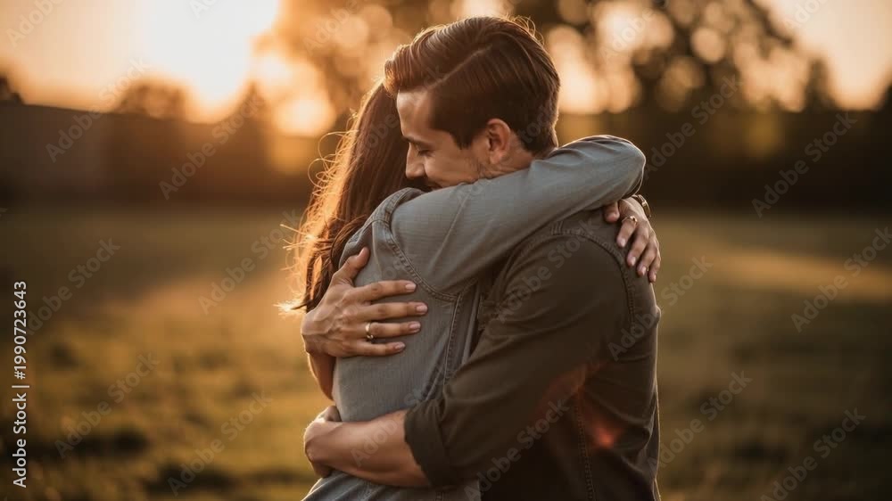 Stockvideon Romantic couple sharing a warm embrace in a sunlit golden ...