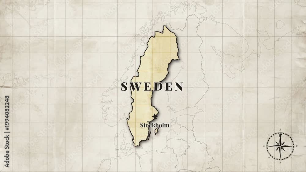 Vintage Style Animated Sweden Map with Country Borders and Capital ...