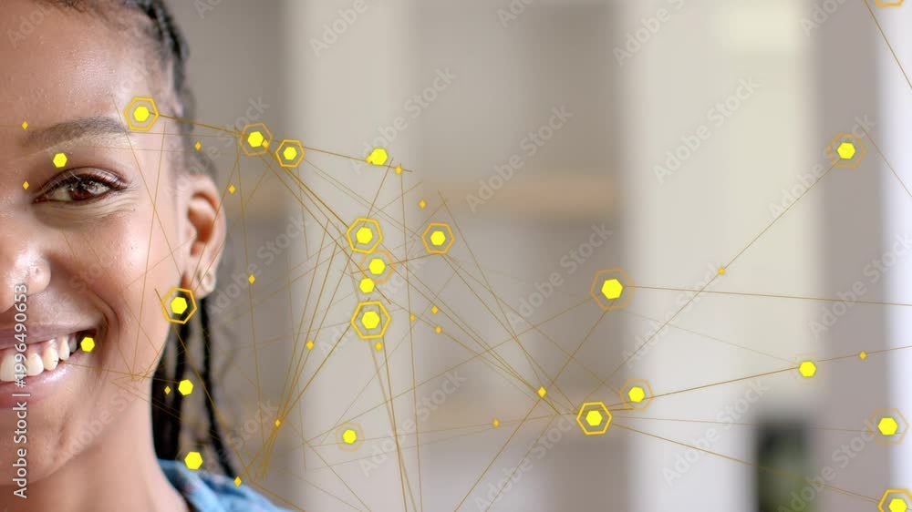 Woman closeup reacting as tech overlay drifting, gathering by face ...